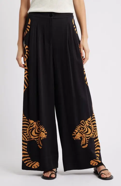 Farm Rio Tiger Print Wide Leg Pants - Black
