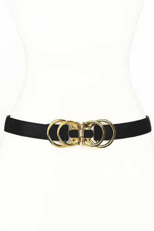 RAINA BELTS Leather Belt With Golden Loop Buckle - Black