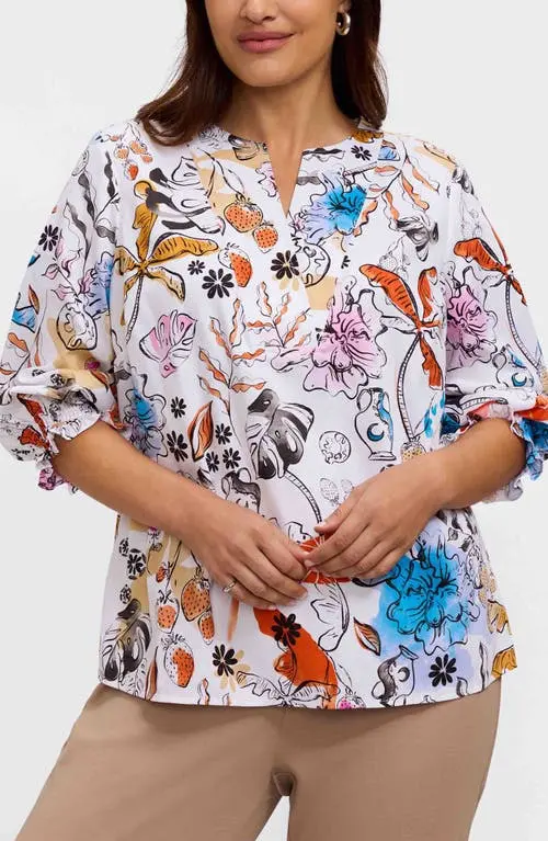 Foxcroft Alicia Floral Cotton Popover Top - Orange Multi
