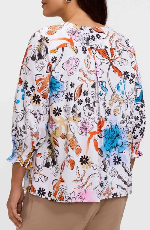 Foxcroft Alicia Floral Cotton Popover Top - Orange Multi