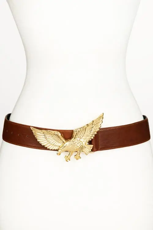 RAINA BELTS Eagle Buckle Leather Belt - Cognac