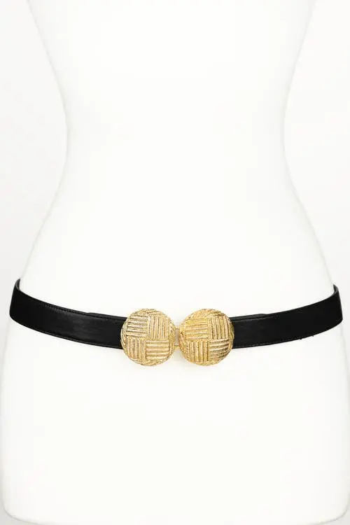 RAINA BELTS Round Gold Medallion Buckle Leather Belt - Black