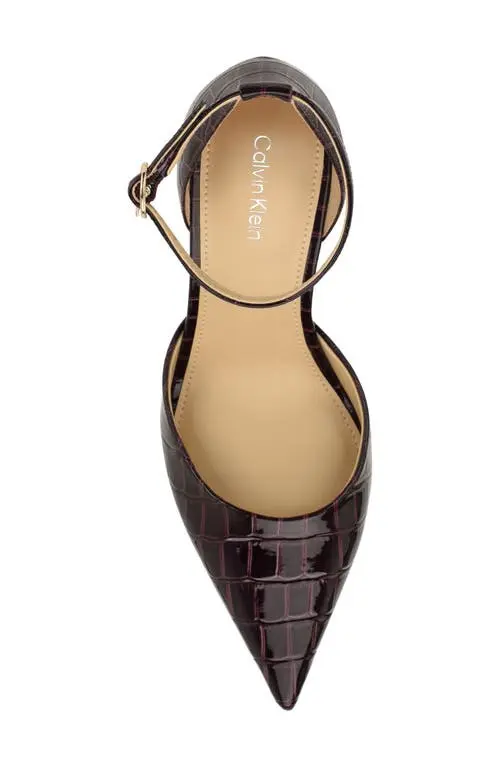 Calvin Klein Ankle Strap Pointed Toe Pumps - Wine Croc