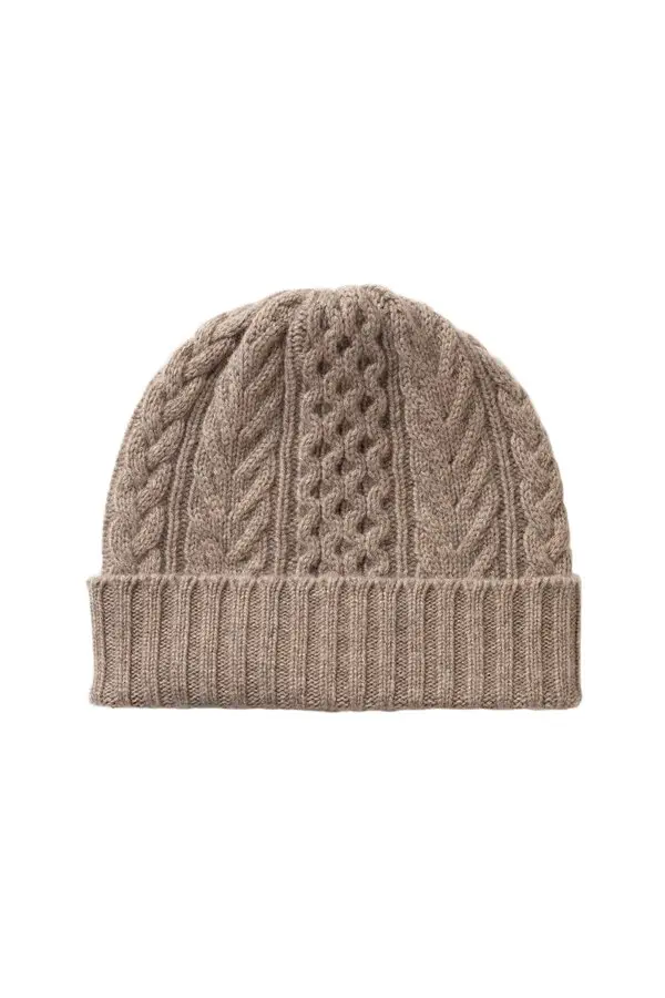 Johnstons Of Elgin Aran Cable Light Cashmere Beanie - Brown