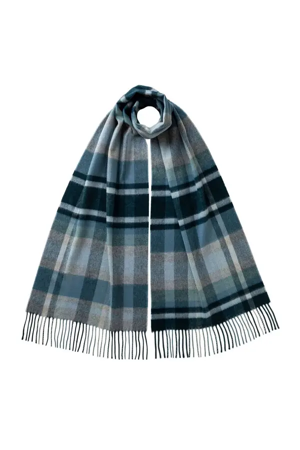 Johnstons Of Elgin Deco Block Check Cashmere Scarf - Blue