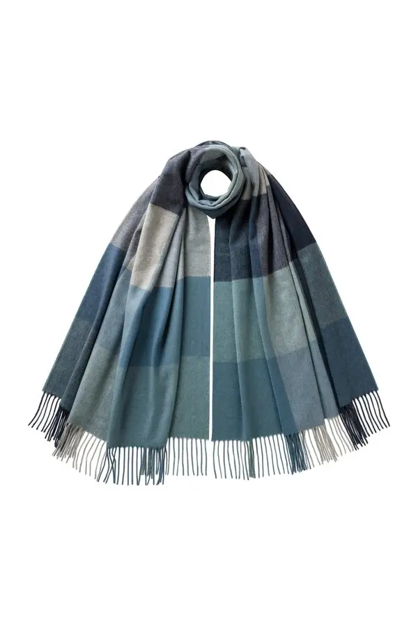 Johnstons Of Elgin Block Check Cashmere Stole - Blue