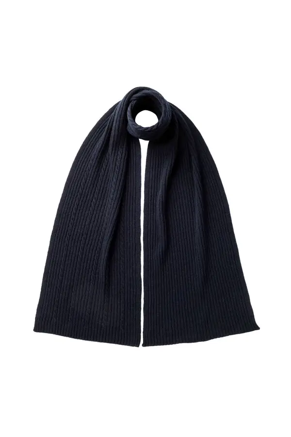 Johnstons Of Elgin Cable & Rib Dark Cashmere Scarf - Navy