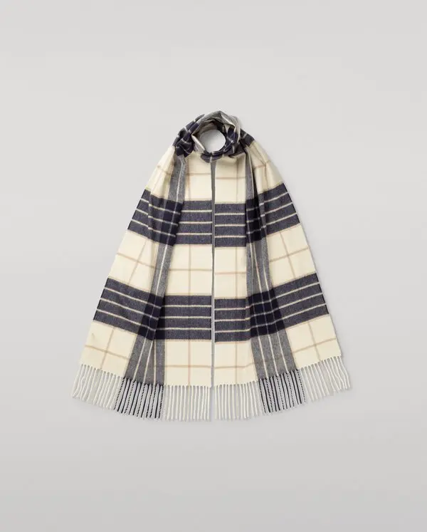 Johnstons Of Elgin Knockmore Tartan Wide Cashmere Scarf - Cream