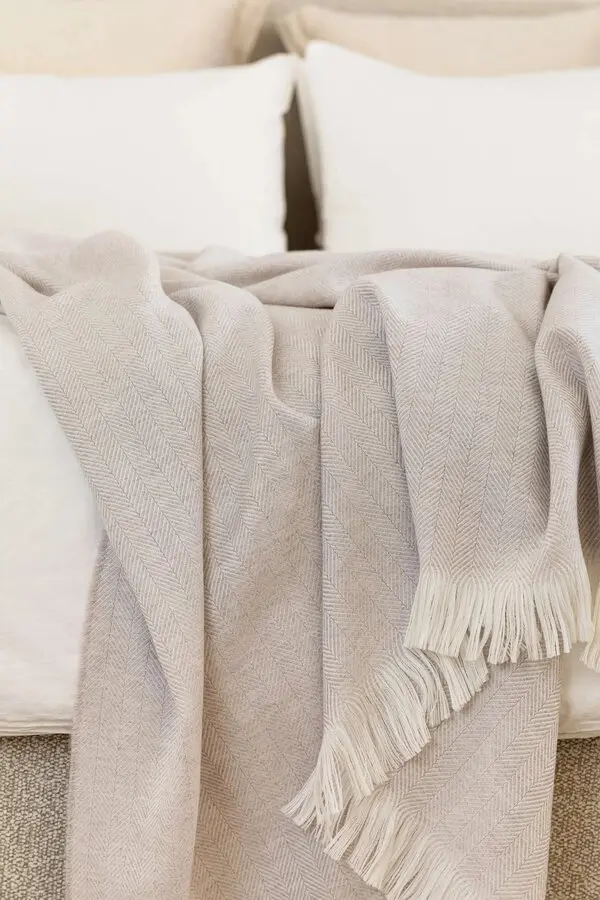 Johnstons Of Elgin Herringbone Merino Bed Throw In Silver Birch