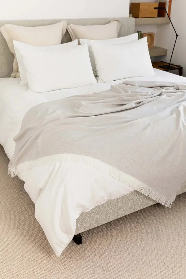 Johnstons Of Elgin Herringbone Merino Bed Throw In Silver Birch