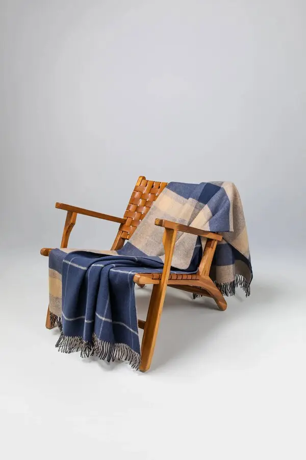 Johnstons Of Elgin Double Face Lambswool Throw In Brown & Overcheck - Navy