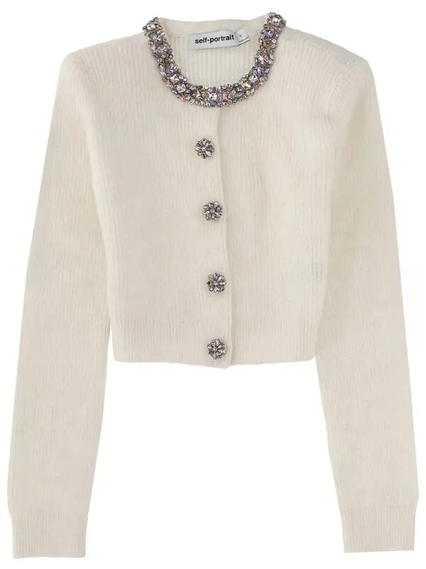 SELF-PORTRAIT Cardigan With Diamanté Detail - Ivory