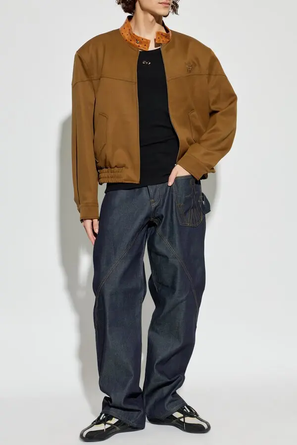 Mcm Wool Bomber Jacket With Logo - Brown