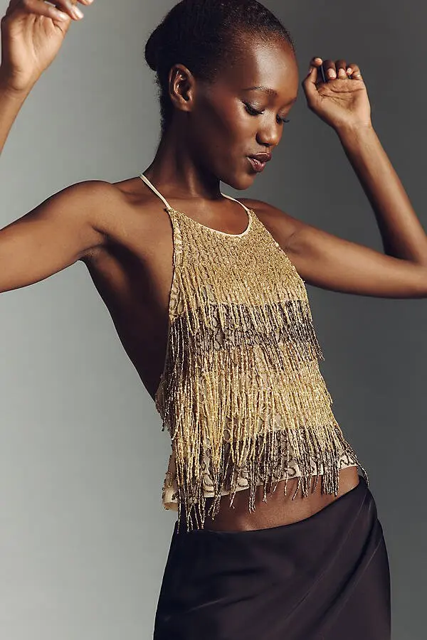 Anthropologie Beaded Halter Cami - Gold