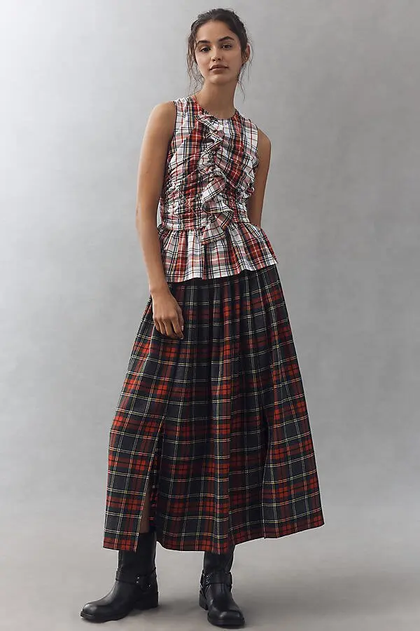 Hunter Bell Domic Pleated Wool Midi Skirt