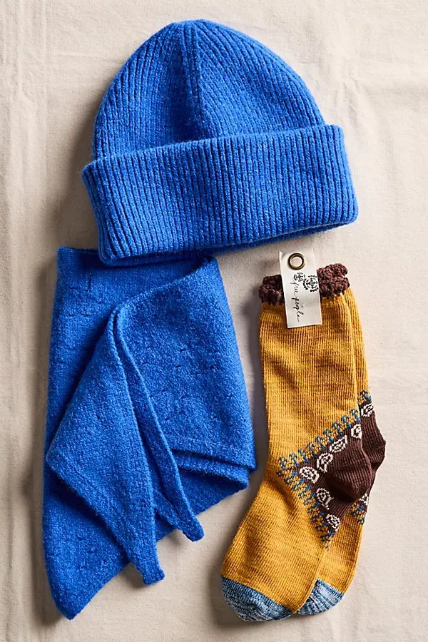 Free People Knit Beanie And Striped Scarf Set - Blue