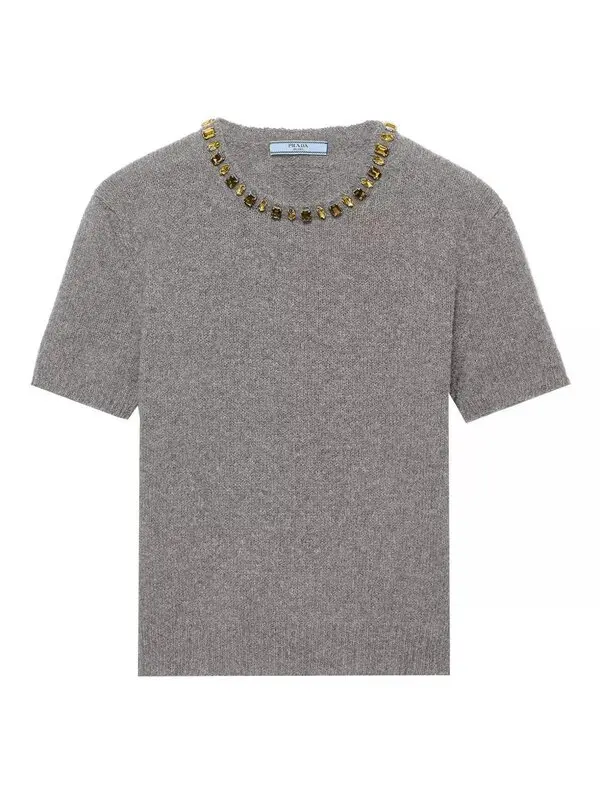 Prada Crystal-embellished Short-sleeved Knit Sweater - Grey