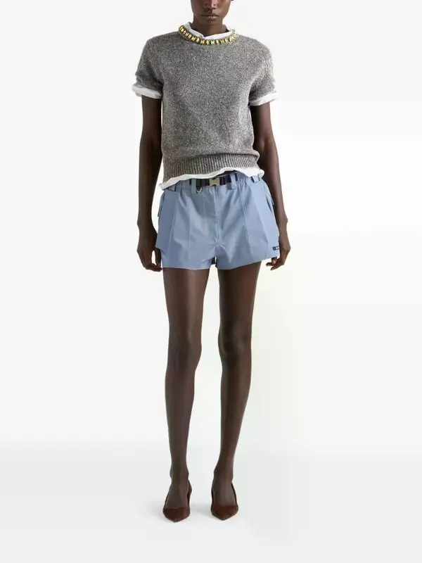 Prada Crystal-embellished Short-sleeved Knit Sweater - Grey