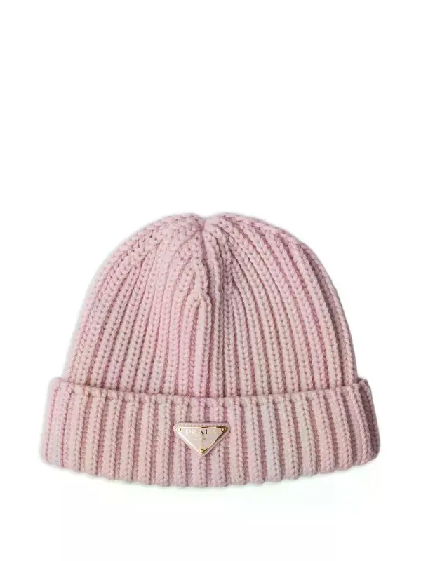 Prada Beanie Hat With Triangle Logo - Pink