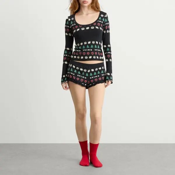 SKIMS X Cpfm Sleep Scoop Neck Top & Short Sleep Set - Onyx Pine Fairisle
