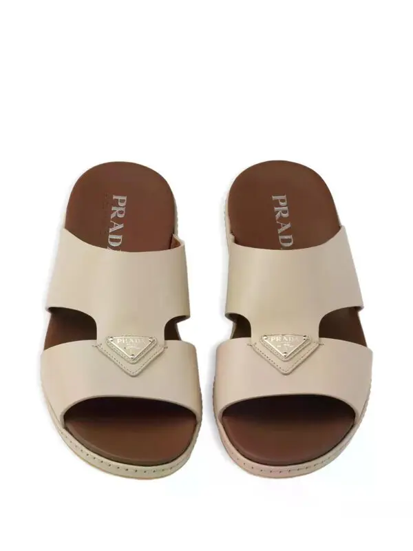 Prada Enameled Triangle Leather Slides