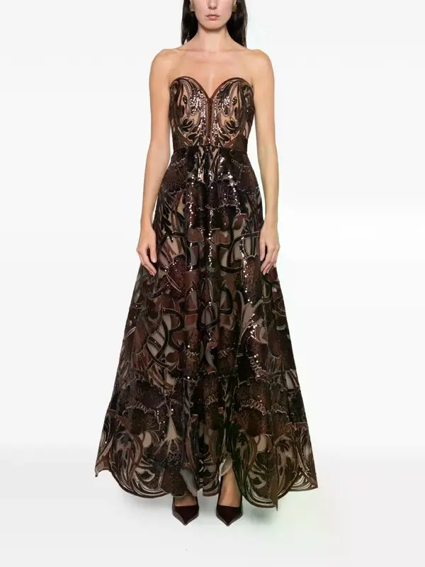 Elie Saab Sequin-embellished Embroidered Maxi Dress - Brown | Editorialist