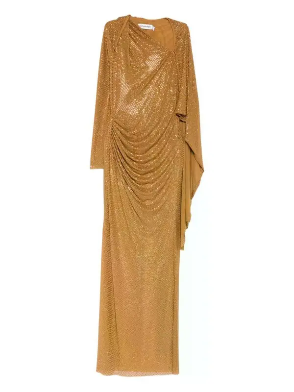 SELF-PORTRAIT Rhinestoned Draped Maxi Dress - Gold
