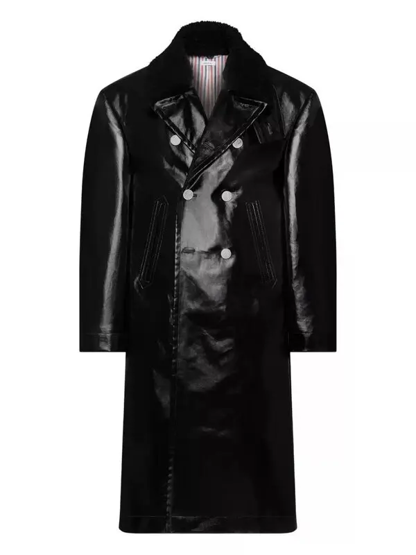 Thom Browne Double-breasted Leather Coat With Shearling Collar