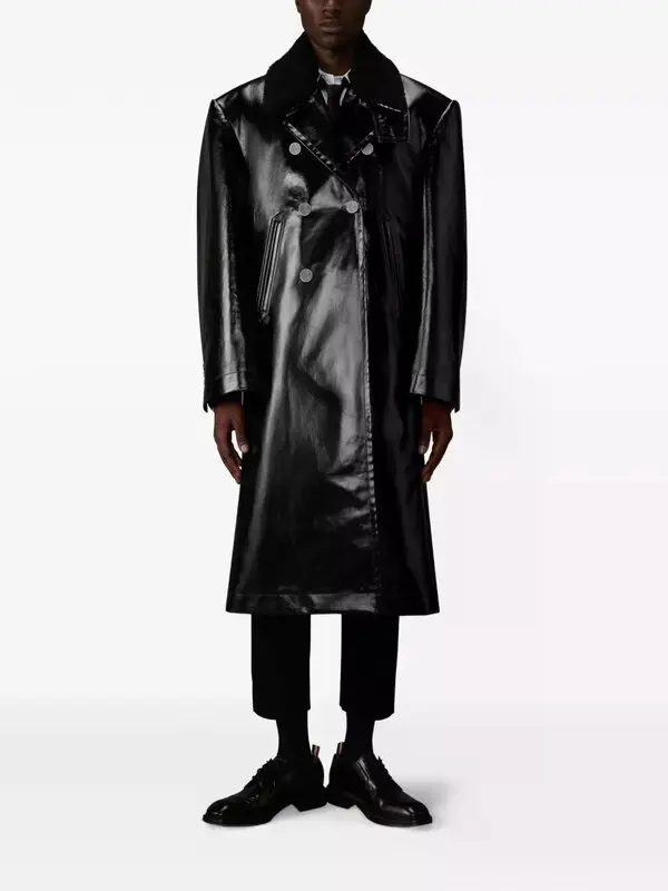 Thom Browne Double-breasted Leather Coat With Shearling Collar