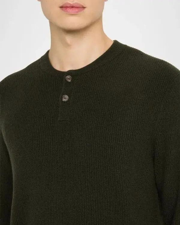 Neiman Marcus Cashmere Rib Two-button Crewneck Sweater - Olive