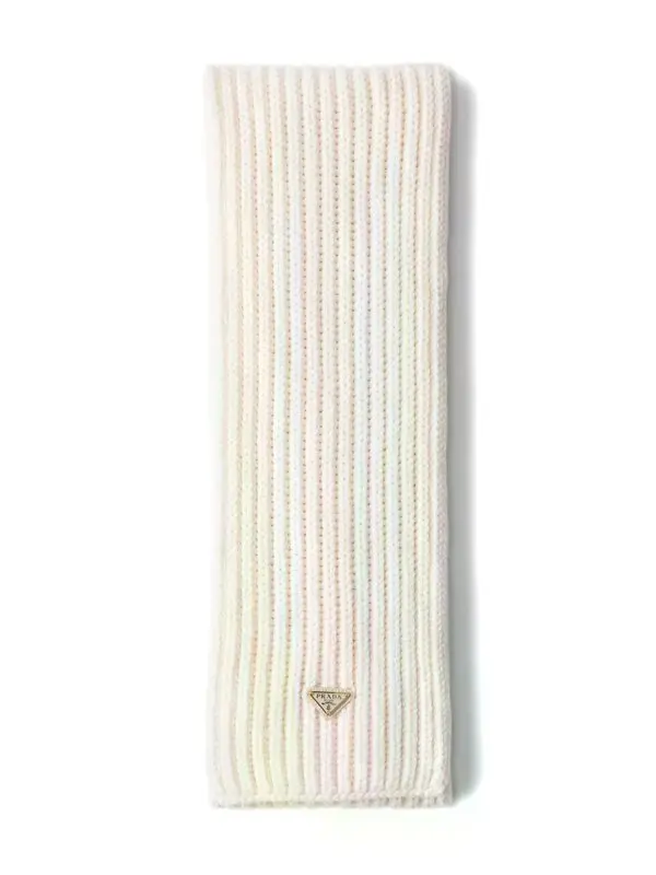 Prada Enameled Triangle-logo Rib Knit Scarf - Neutrals