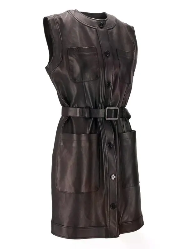 LA ROSE Buttoned Belted Leather Dress