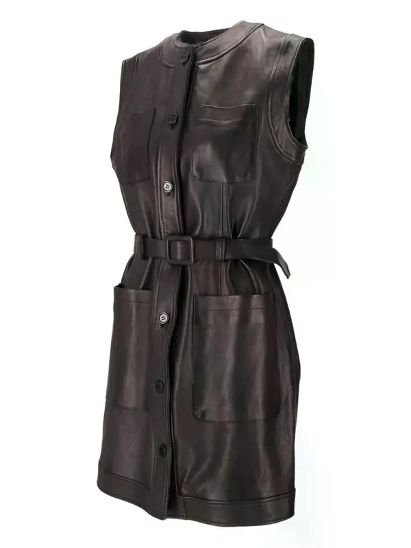 LA ROSE Buttoned Belted Leather Dress
