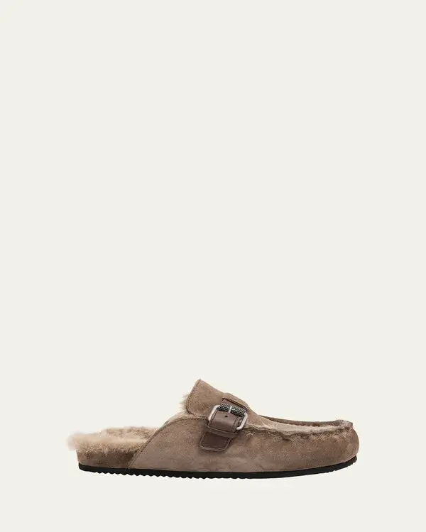 Brunello Cucinelli Suede Shearling-lined Mules - Brown