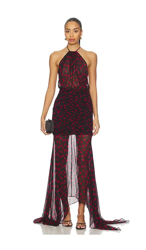 Ronny Kobo Tilda Sheer Polka Dot Gown - Red