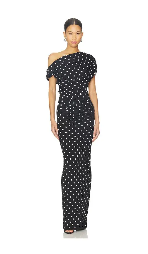 SELF-PORTRAIT Polka Dot Draped Knit Midi Dress
