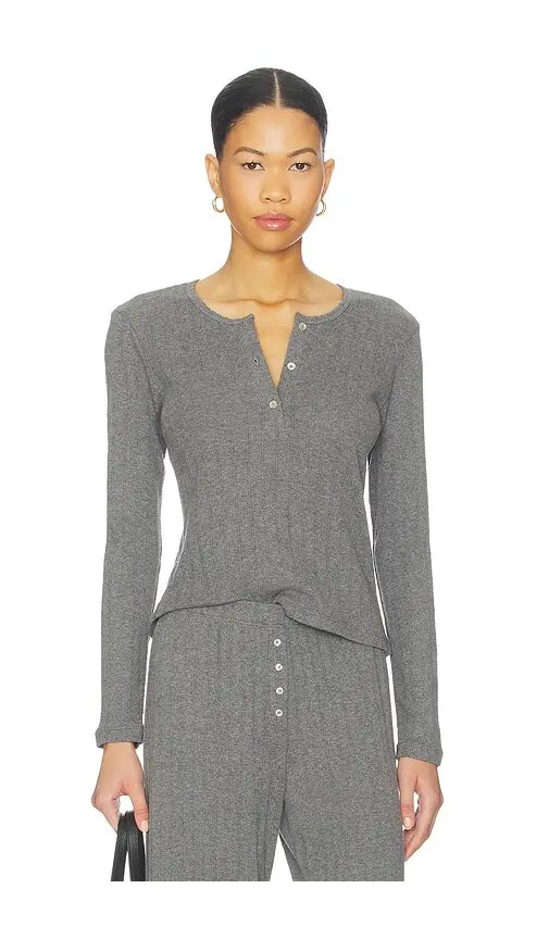 LESET Pointelle Long Sleeve Henley - Grey