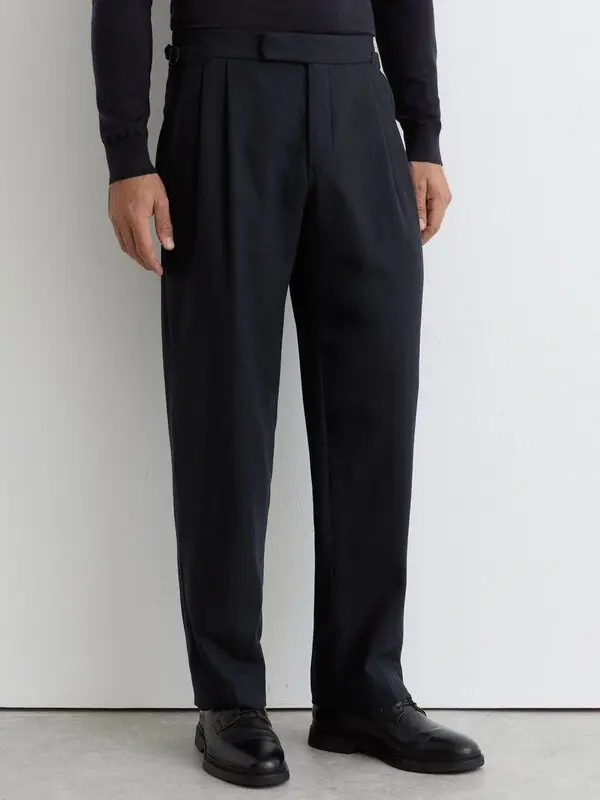 REISS Wool-blend Flannel Wide-leg Trousers - Navy