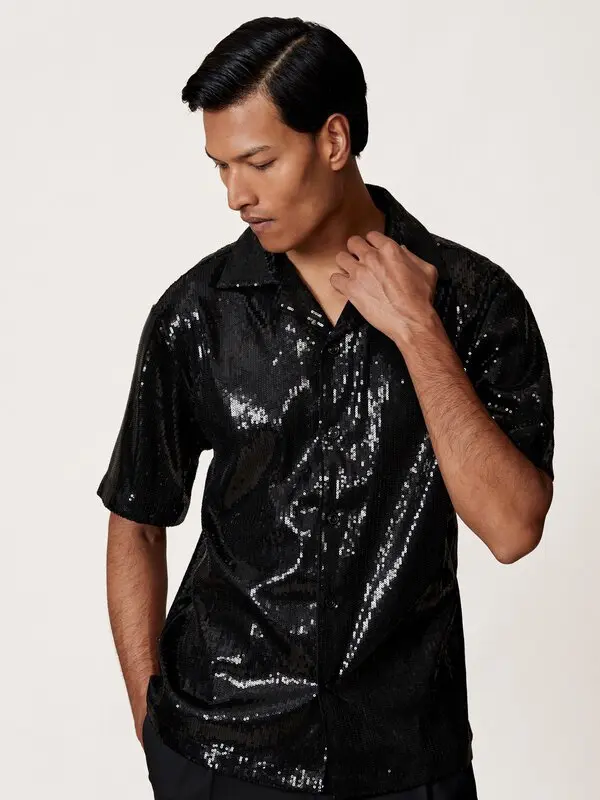 REISS King Sequin Cuban-collar Shirt