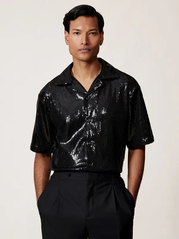 REISS King Sequin Cuban-collar Shirt