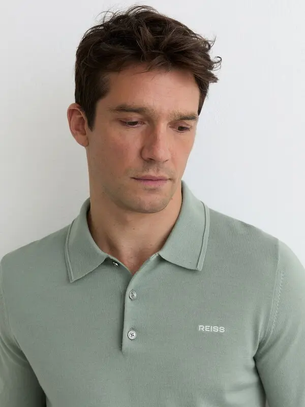 REISS Albion Merino Wool Logo Polo Shirt - Light Sage Green