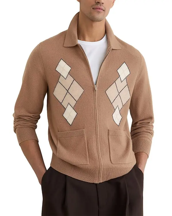 REISS Zip Through Argyle Sweater