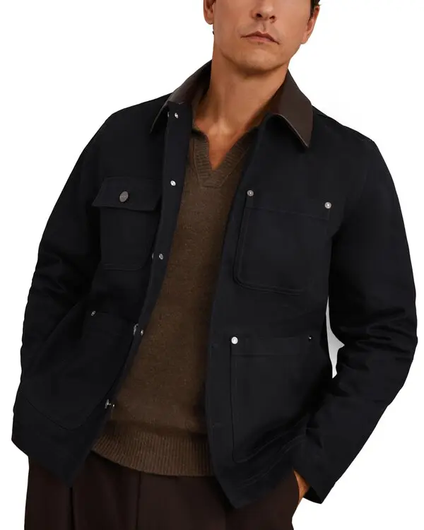 REISS Leather Collar Denim Jacket