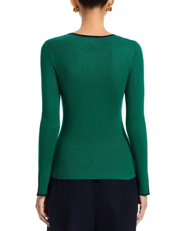 T Tahari Long Bell Sleeved Ribbed Crewneck Pullover Sweater