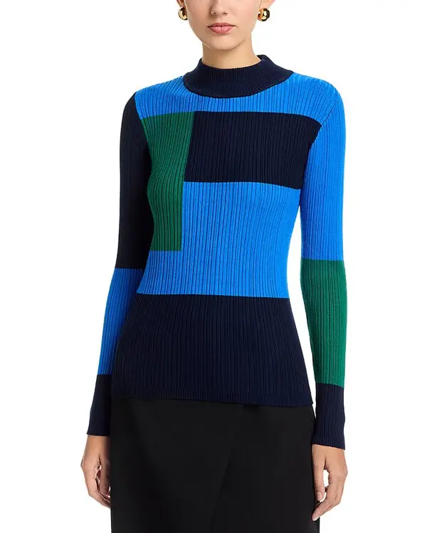 T Tahari Long-sleeved Color Blocked Mock Neck Pullover Sweater