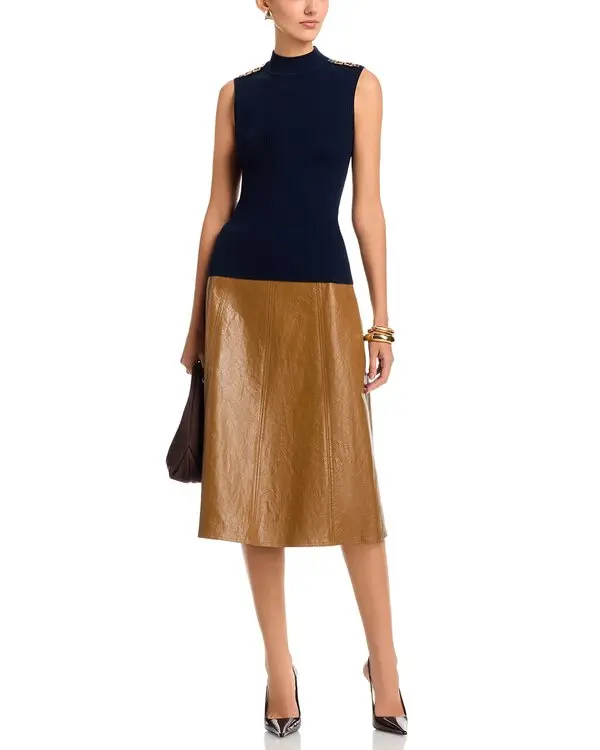 T Tahari Sleeveless Rib Chain Trim Mock Neck Pullover Sweater