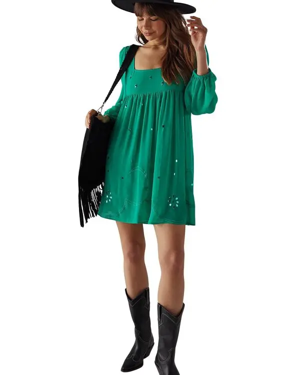 WAREHOUSE Hand Embellished Square Neck Mini Dress - Green