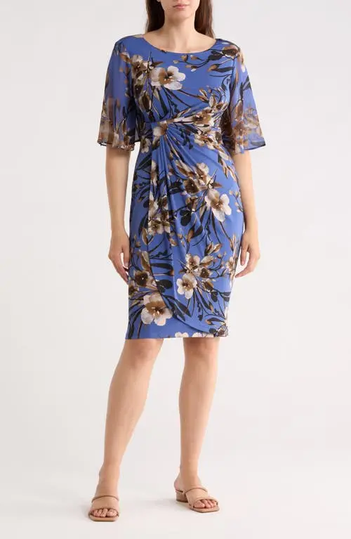 CONNECTED APPAREL Floral Side Ruched Faux Wrap Dress - Cadet