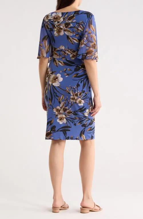 CONNECTED APPAREL Floral Side Ruched Faux Wrap Dress - Cadet