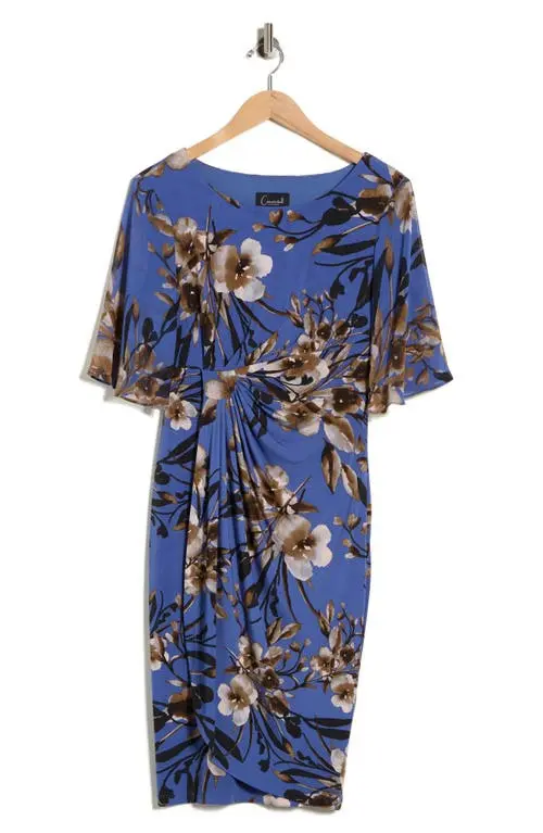 CONNECTED APPAREL Floral Side Ruched Faux Wrap Dress - Cadet